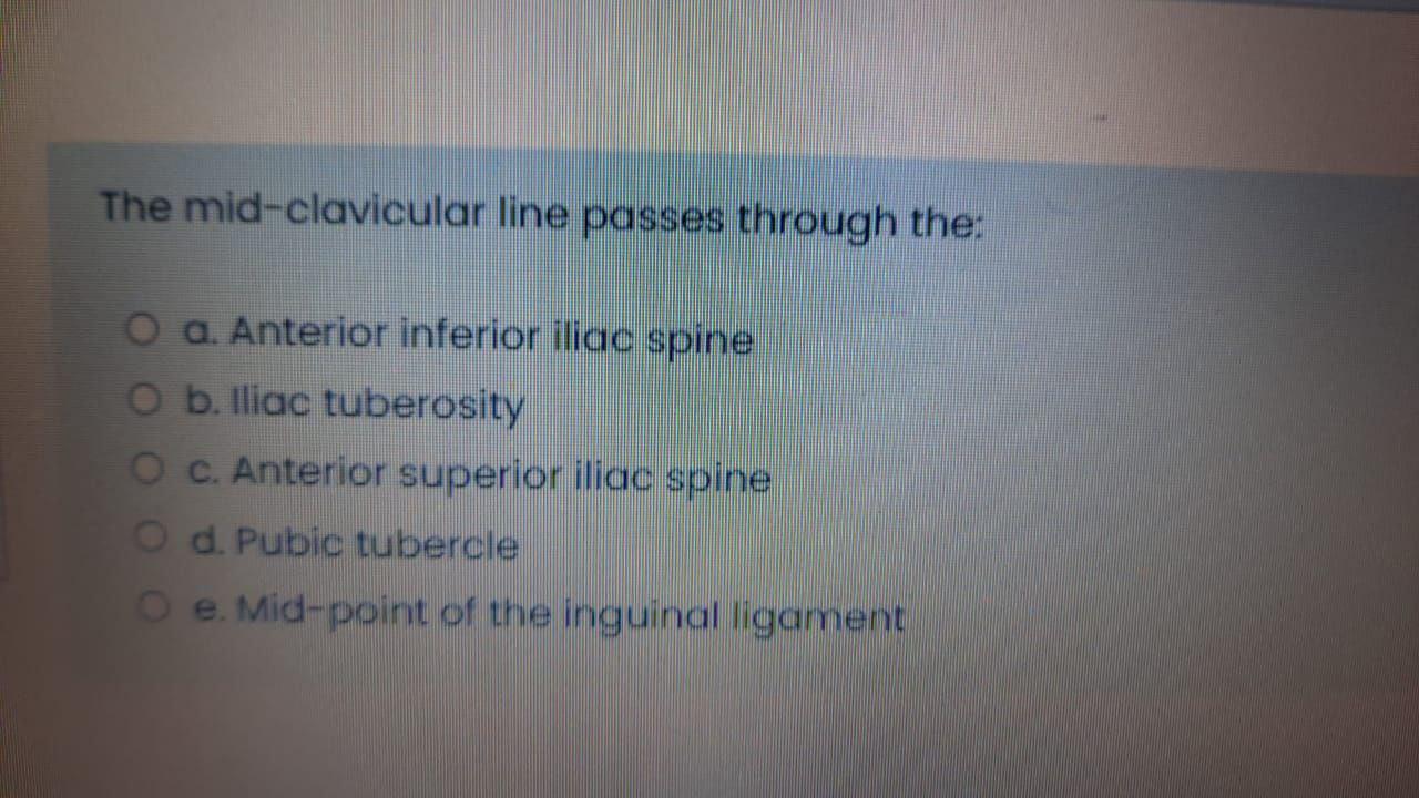 Solved The mid-clavicular line passes through the: O a. | Chegg.com