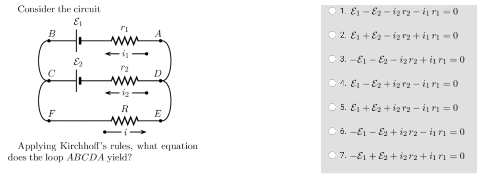 Solved Consider the circuit 1. E1−E2−i2r2−i1r1=0 2. | Chegg.com