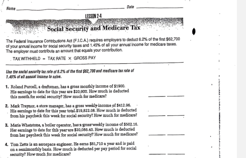 Solved Name Date LESSON 2-4 Social Security and Medicare Tax | Chegg.com