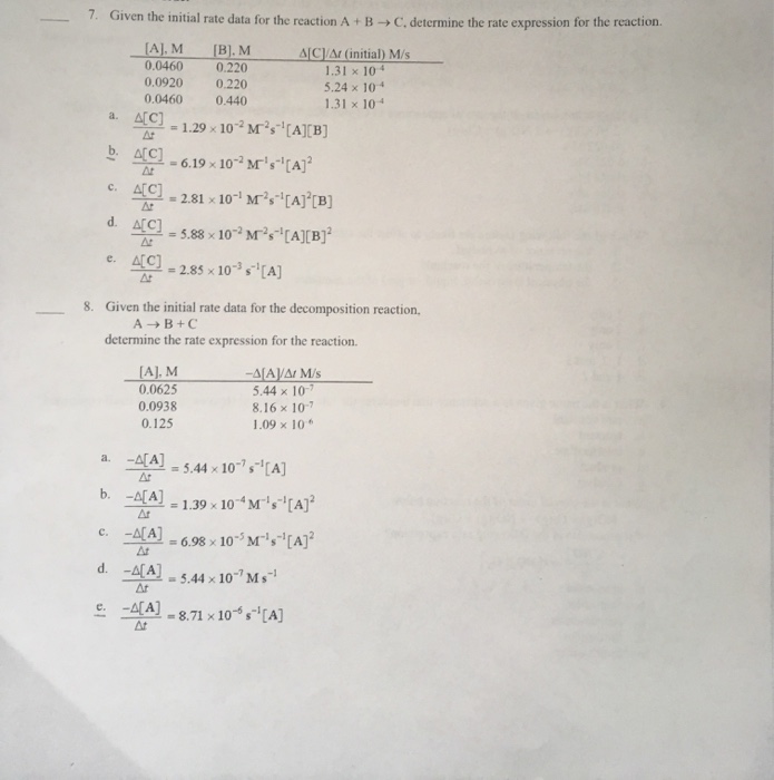 Solved 7 Given The Initial Rate Data For The Reaction A B