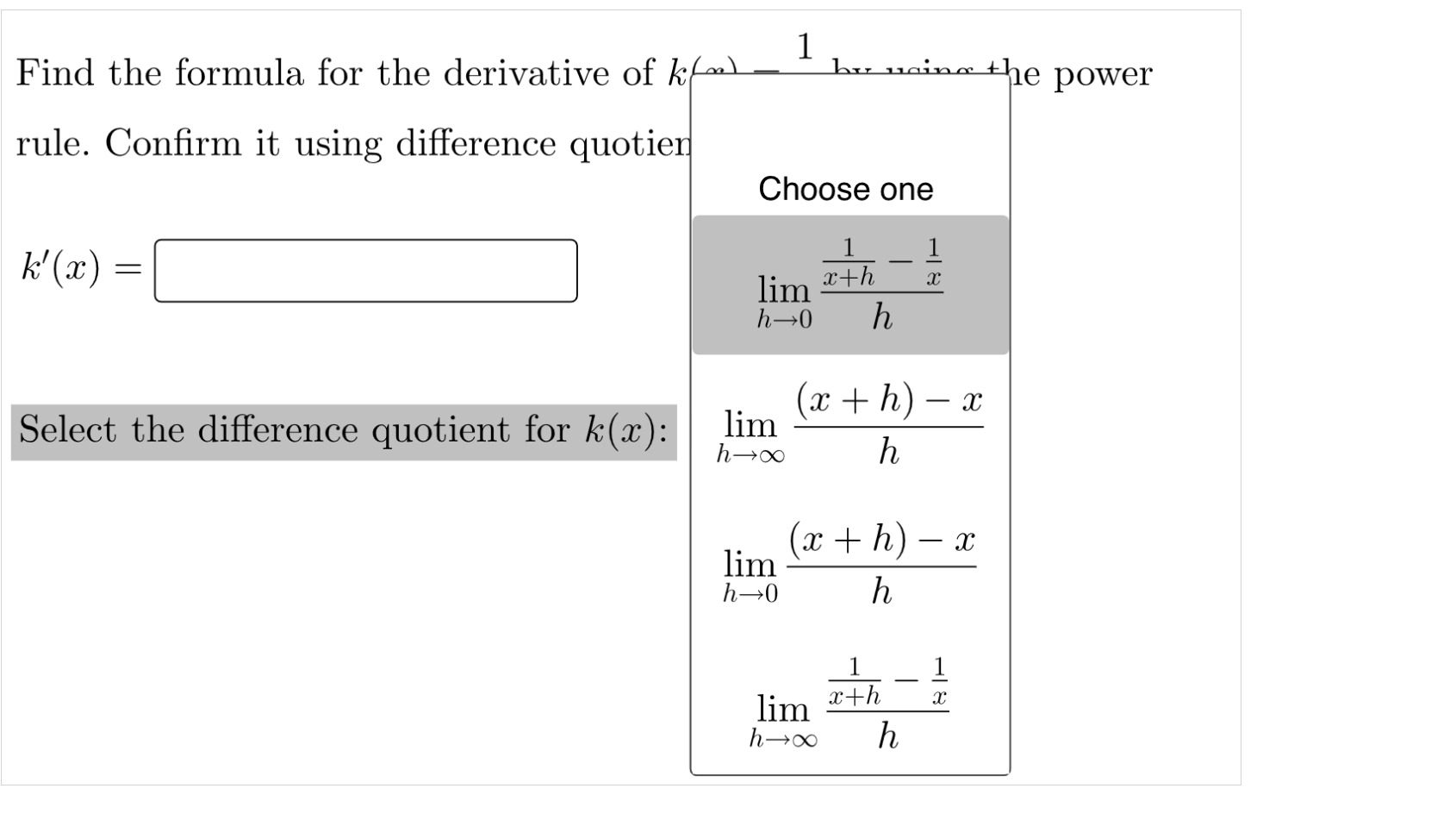 Solved Find the formula for the derivative of k(x)=x1 by | Chegg.com