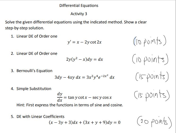 Solved Differential Equations Activity 3 Solve the given | Chegg.com