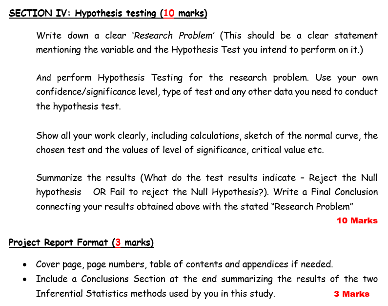 SECTION IV: Hypothesis testing (10 marks) Write down | Chegg.com