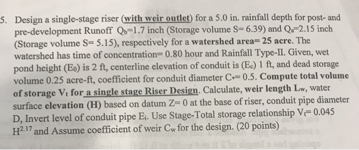 Solved Design a single-stage riser (with weir outlet) for a | Chegg.com