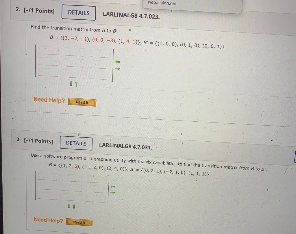 Solved Find the transition matrix from B to B′. Points] | Chegg.com