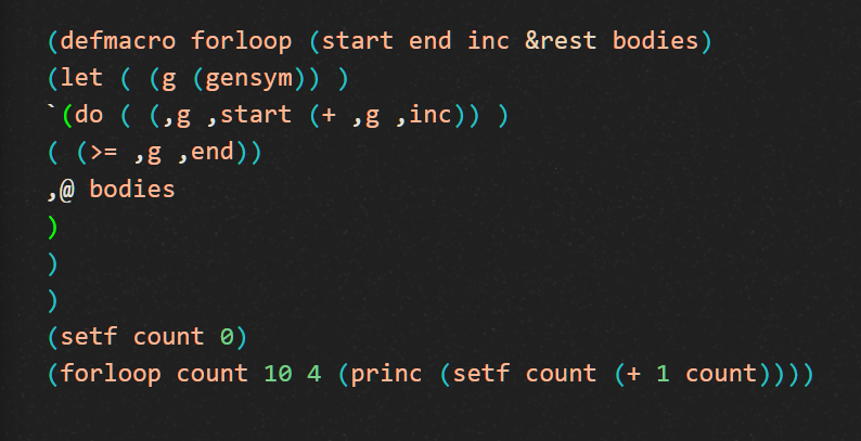 Solved (defmacro forloop (start end inc &rest bodies)(let | Chegg.com