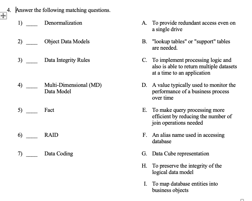 Solved 4. Answer the following matching questions. + 1) | Chegg.com