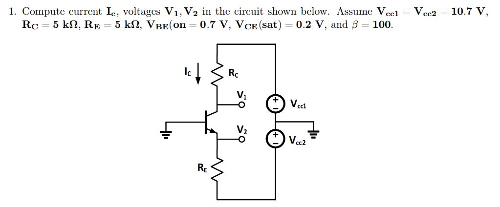 1. Compute current Ic, voltages V1, V2 in the circuit | Chegg.com 1. Compute current Ic, voltages V1, V2 in the circuit | Chegg.com