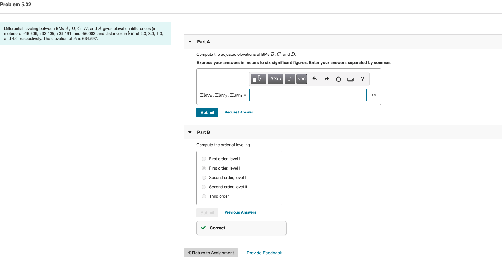 Solved Problem 5.32 Differential leveling between BMs A, B, | Chegg.com