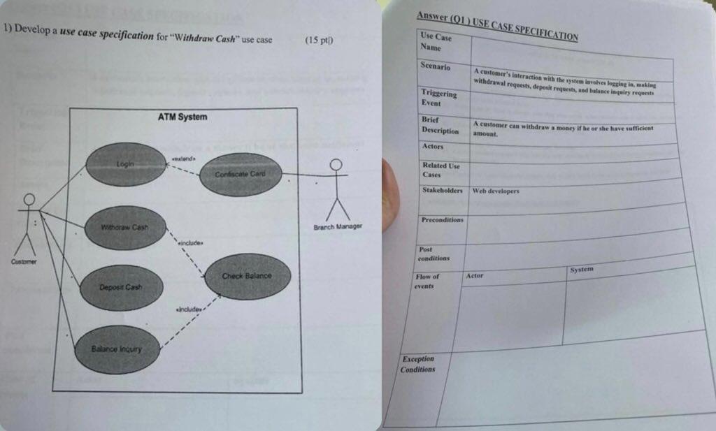 Solved 1) Develop a use case specification for "Withdraw | Chegg.com