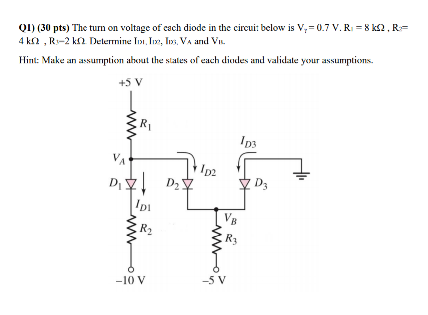 Solved Q1) (30 pts) The turn on voltage of each diode in the | Chegg.com