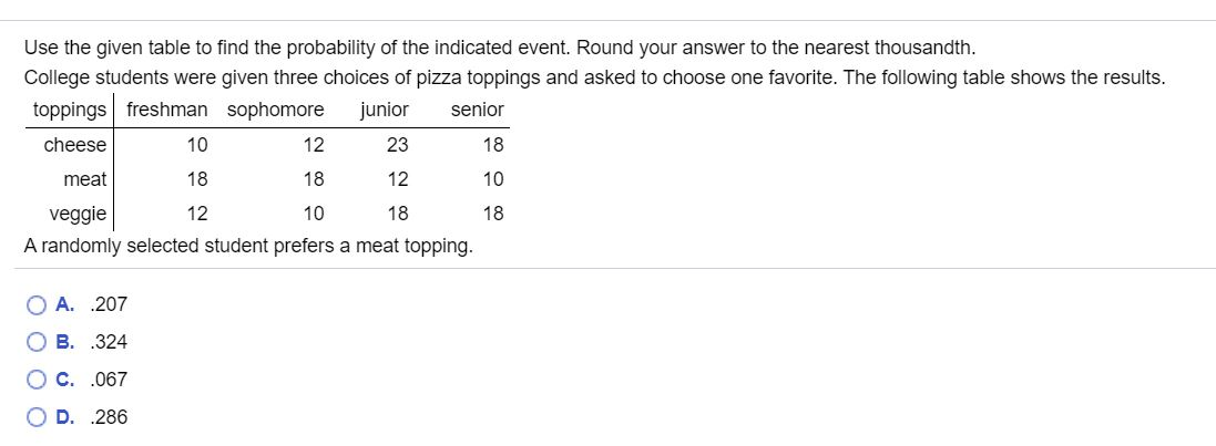 Solved Use the given table to find the probability of the | Chegg.com