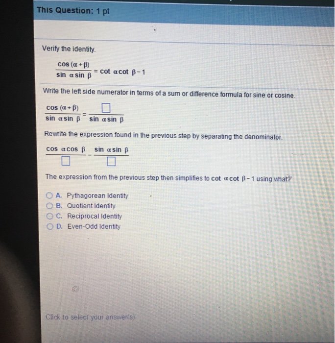 Solved Verify the identity. cos (alpha + beta)/sin alpha | Chegg.com