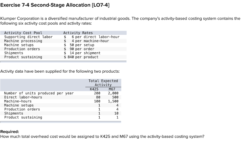 Solved Exercise 7-4 Second-Stage Allocation [LO7-4] Klumper | Chegg.com