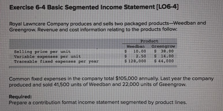 Solved Exercise 6-4 Basic Segmented Income Statement [LO6-4] | Chegg.com