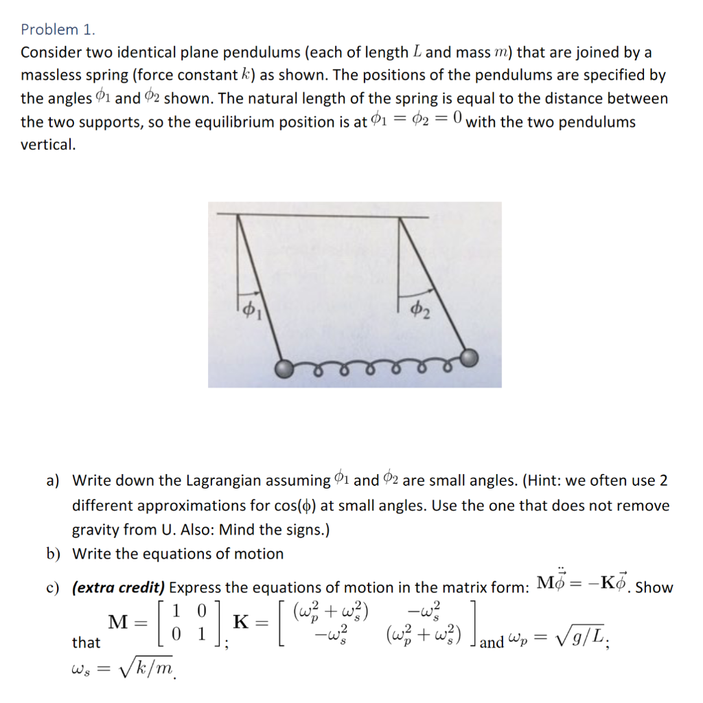 Solved Problem 1. Consider two identical plane pendulums | Chegg.com
