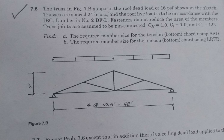 7.6 The truss in Fig. 7.B supports the roof dead load | Chegg.com