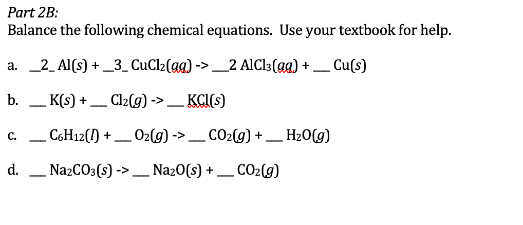 Solved Part 2B: Balance the following chemical equations. | Chegg.com