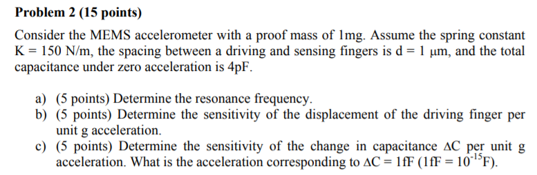 Problem 2 (15 points) Consider the MEMS accelerometer | Chegg.com