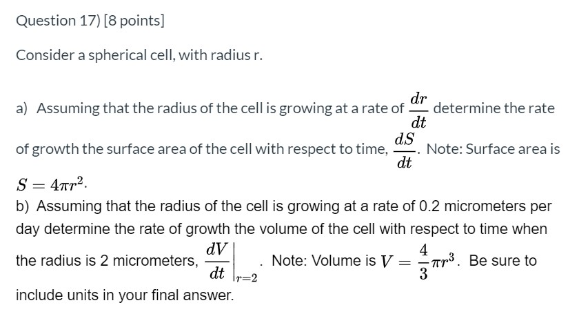 Solved Question 17) [8 points] Consider a spherical cell, | Chegg.com