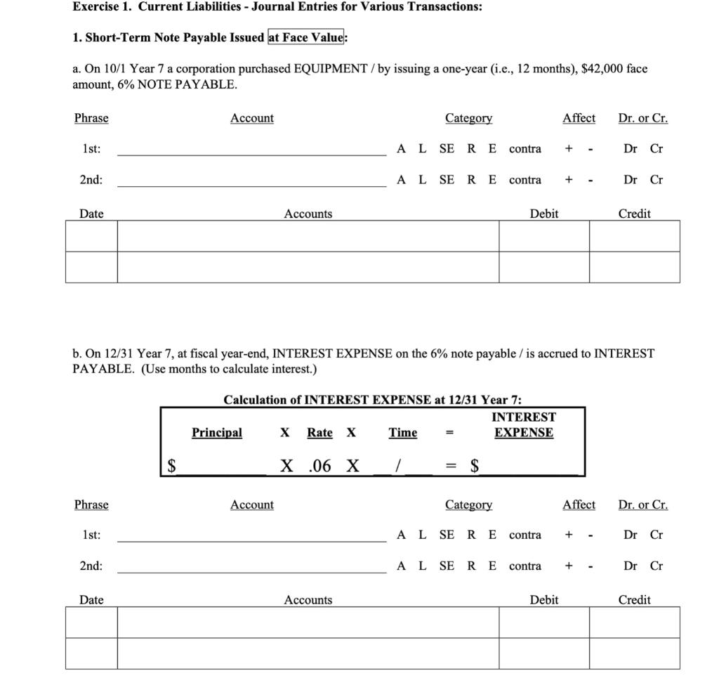 Solved Exercise 1. Current Liabilities - Journal Entries for | Chegg.com