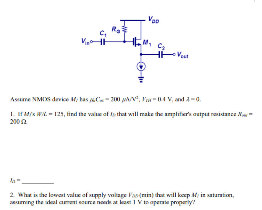 Solved Assume NMOS device Ml has μnCox=200μA/V2,VTH=0.4 V, | Chegg.com