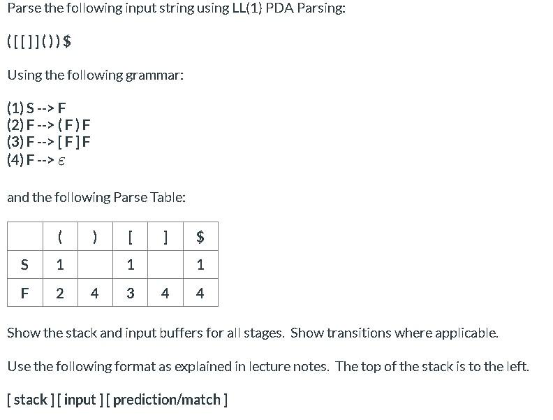Solved Parse the following input string using LL(1) PDA | Chegg.com