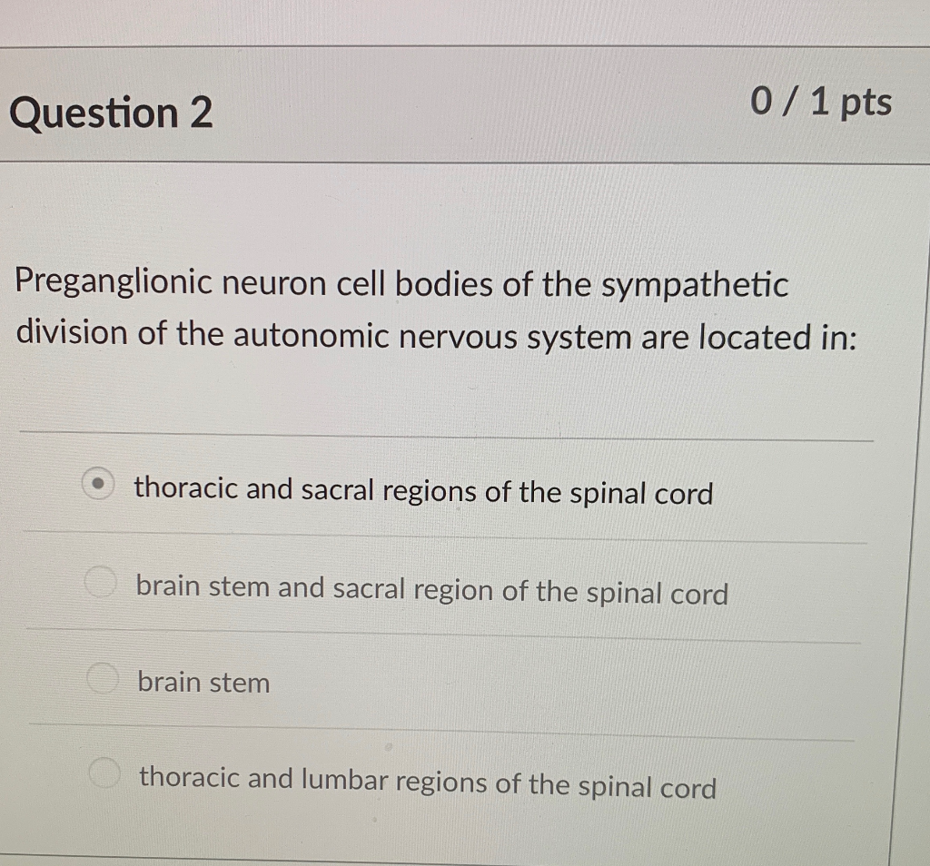 Solved Question 2 0 / 1 pts Preganglionic neuron cell bodies | Chegg.com