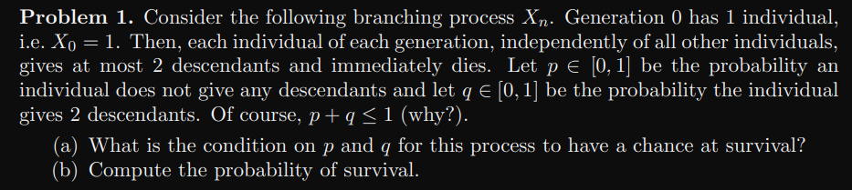 Solved Problem 1. Consider the following branching process | Chegg.com