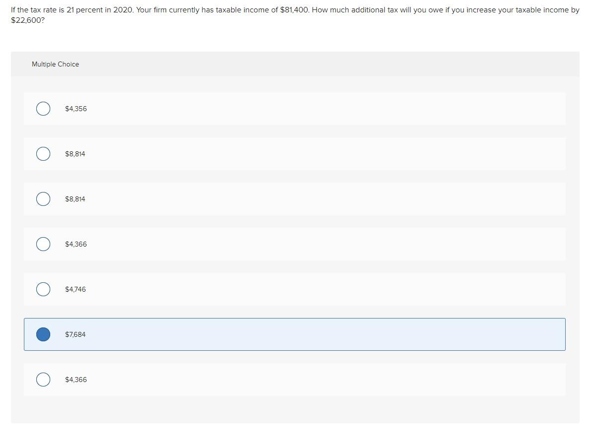 Solved If the tax rate is 21 percent in 2020 . Your firm | Chegg.com