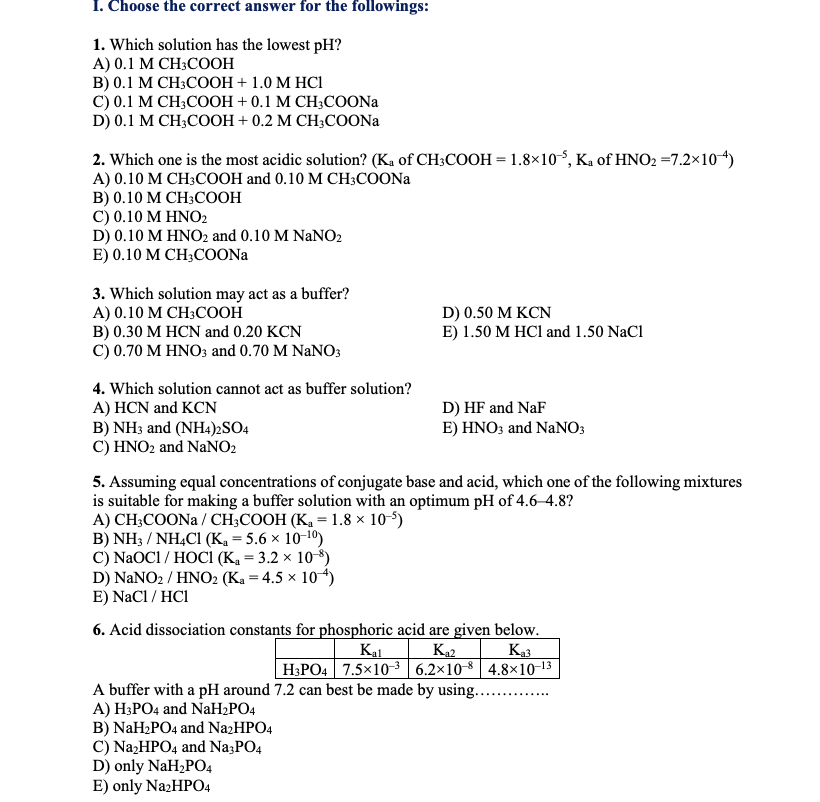 Solved 1. Which solution has the lowest pH ? A) 0.1MCH3COOH | Chegg.com