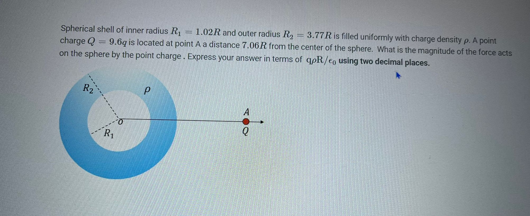 Solved Spherical shell of inner radius R1=1.02R and outer | Chegg.com