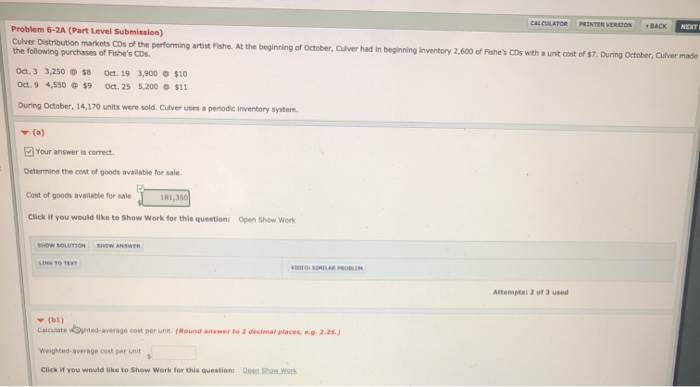 Solved CALCULATOR PRINTER VERSTON BACK NEXT Problem 6-2A | Chegg.com