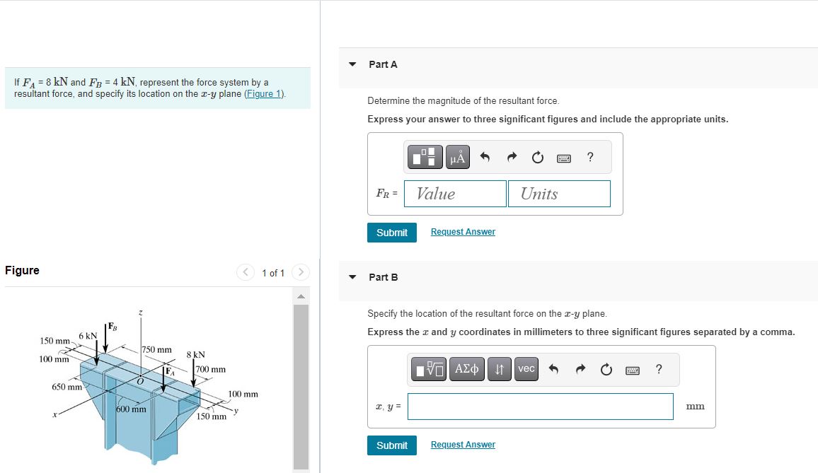 Solved If FA=8kN and FB=4kN, represent the force system by a | Chegg.com