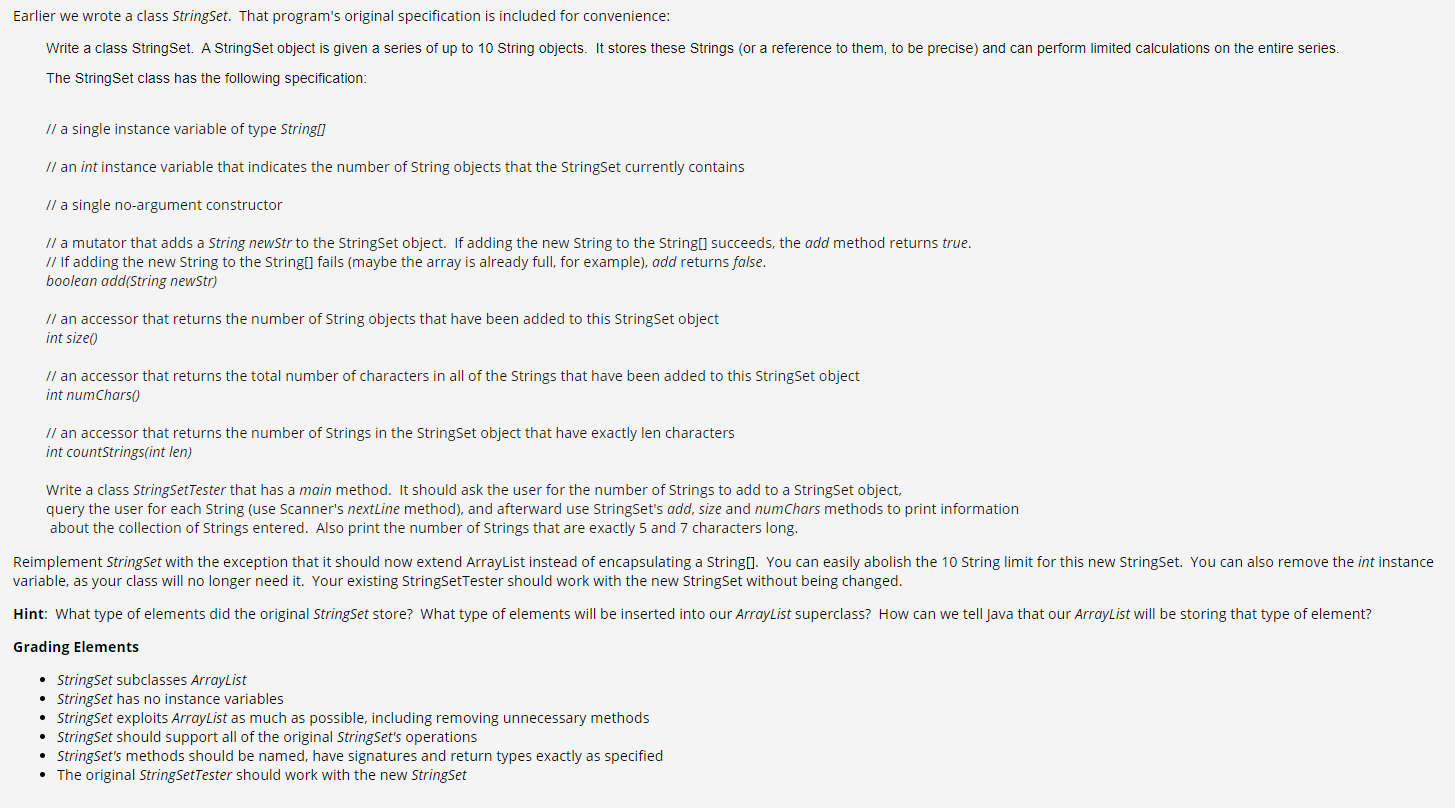 Solved Earlier we wrote a class Stringset. That program's | Chegg.com