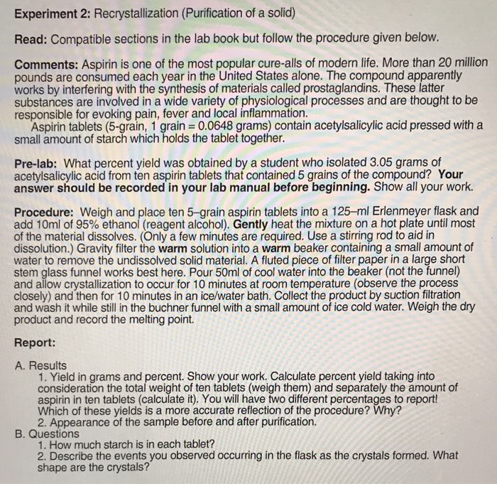 Solved Experiment 2: Recrystallization (Purification of a | Chegg.com