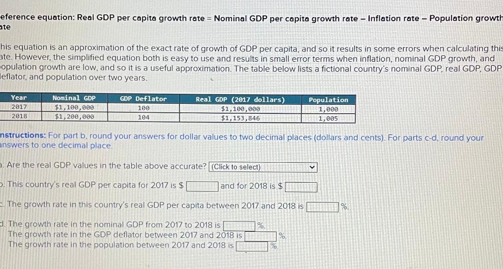 Solved eference equation: Real GDP per capita growth rate = | Chegg.com