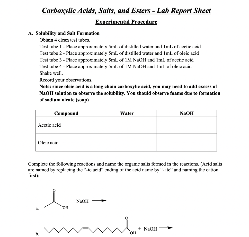 Solved Carboxylic Acids, Salts, and Esters - Lab Report | Chegg.com