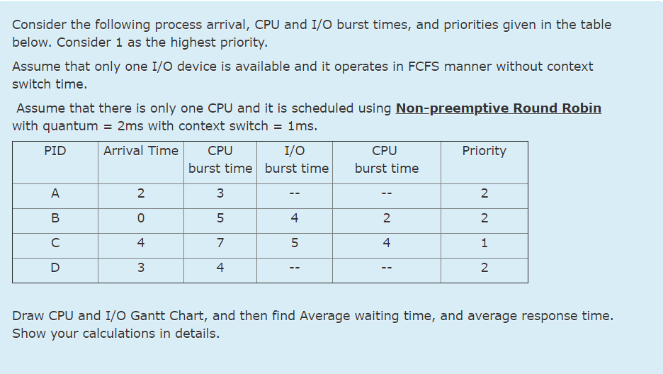Solved Consider the following process arrival, CPU and I/O | Chegg.com