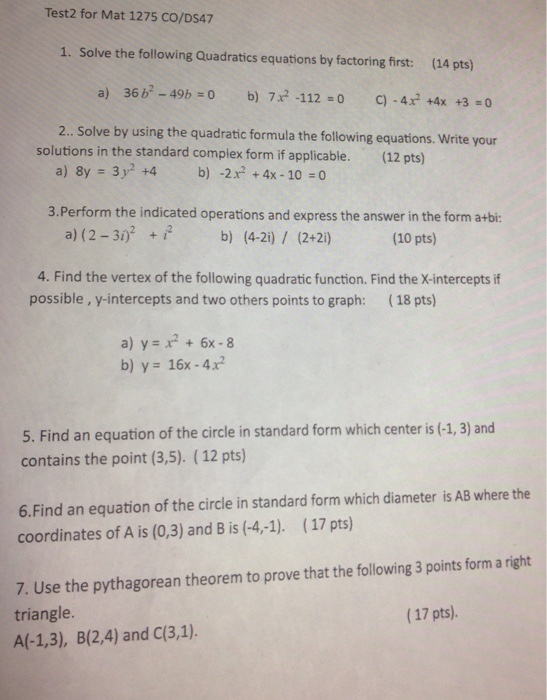 Solved Test2 for Mat 1275 CO/DS47 1. Solve the following | Chegg.com