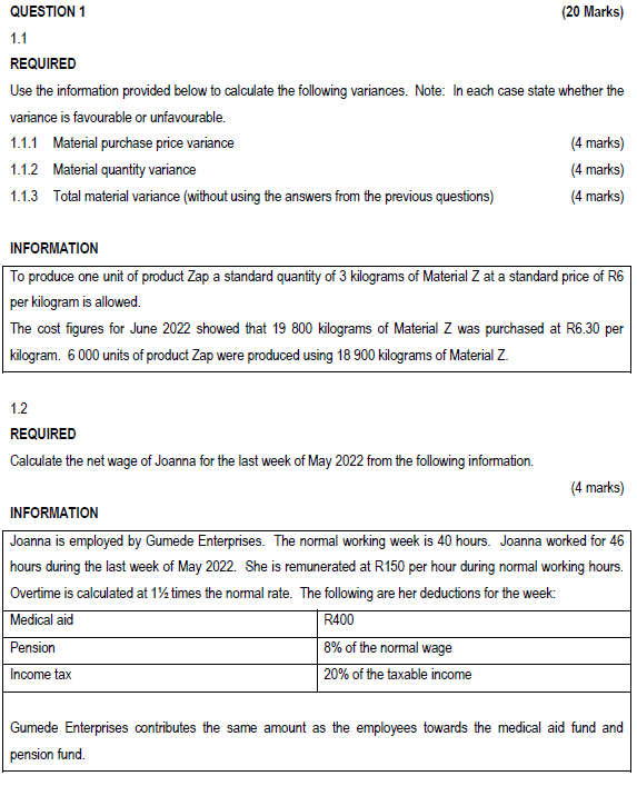 Solved QUESTION 1 (20 Marks) 1.1 REQUIRED Use the | Chegg.com