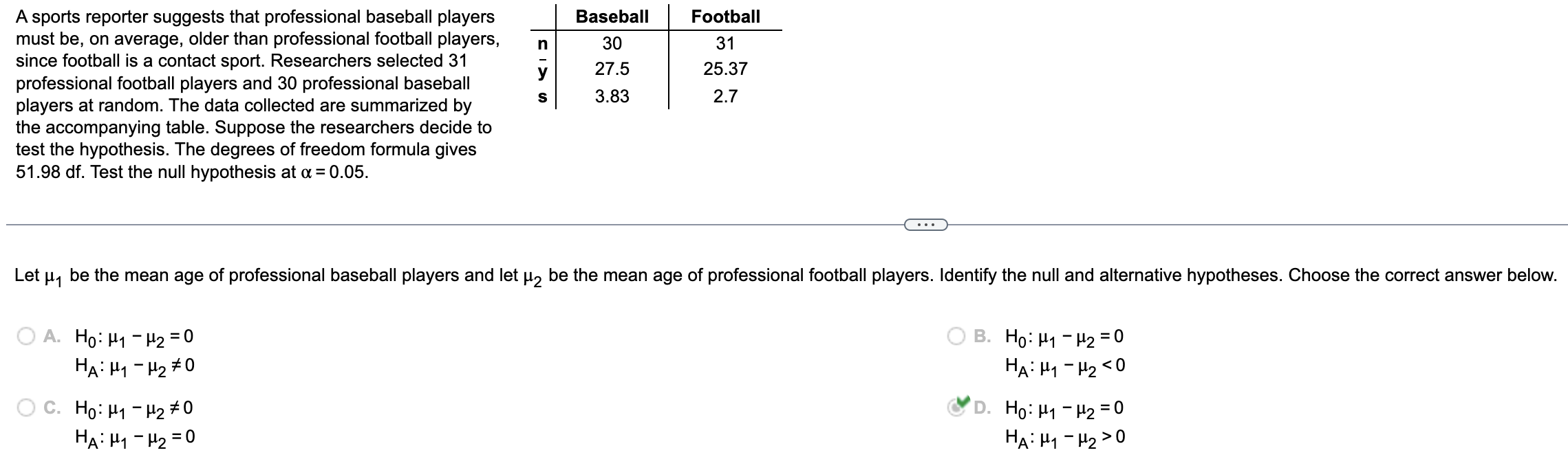 Solved A sports reporter suggests that professional baseball | Chegg.com