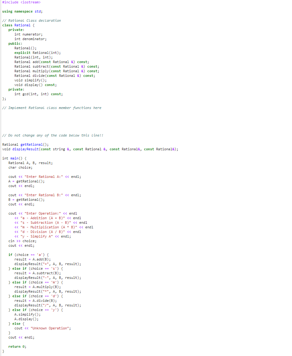 Solved #include using namespace std; // Rational Class | Chegg.com