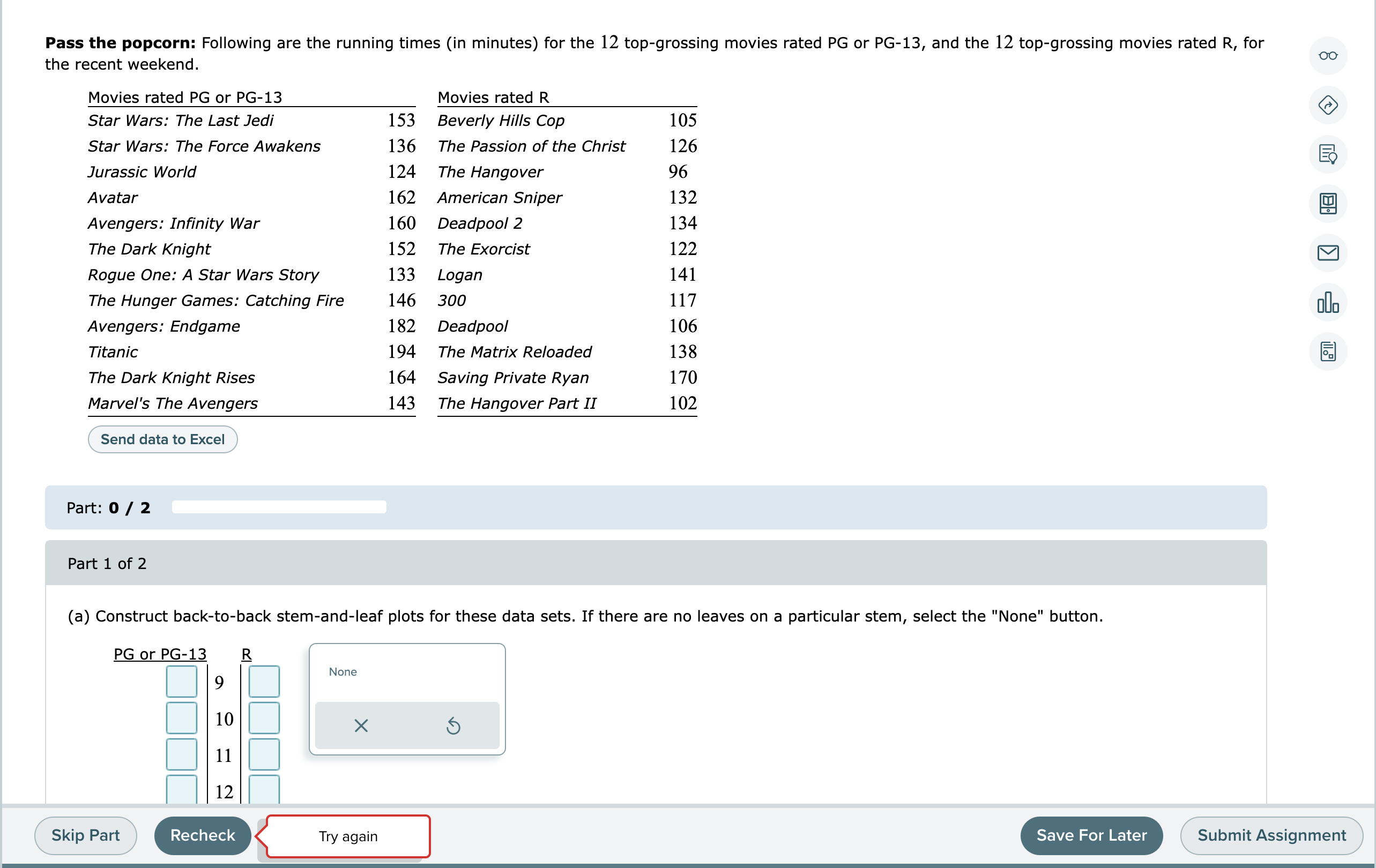 Solved Pass the popcorn: Following are the running times (in | Chegg.com