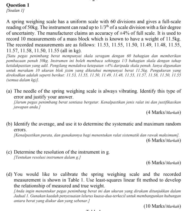 Solved Question 1 [Soalan 1] A spring weighing scale has a | Chegg.com