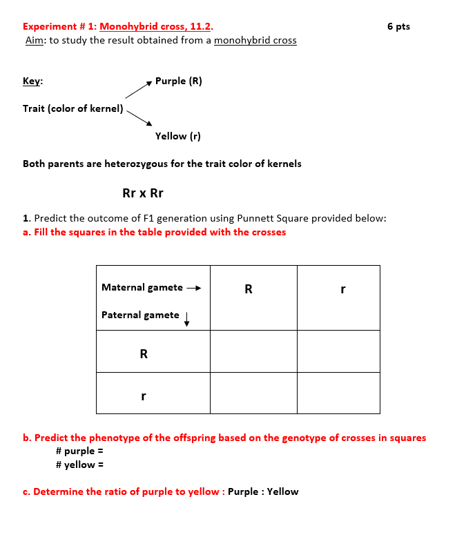 Solved Experiment \# 1: Monohybrid cross, 11.2. 6 pts Aim: | Chegg.com