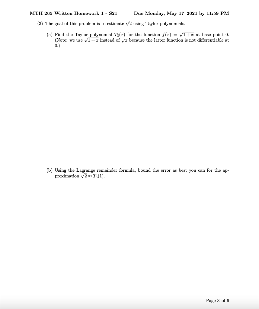 Solved MTH 265 Written Homework 1 - S21 Due Monday, May 17 | Chegg.com