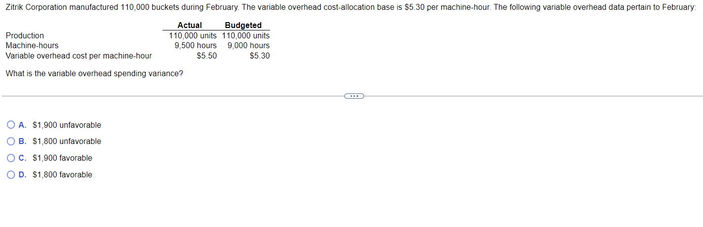 Solved What is the variable overhead spending variance? A. | Chegg.com