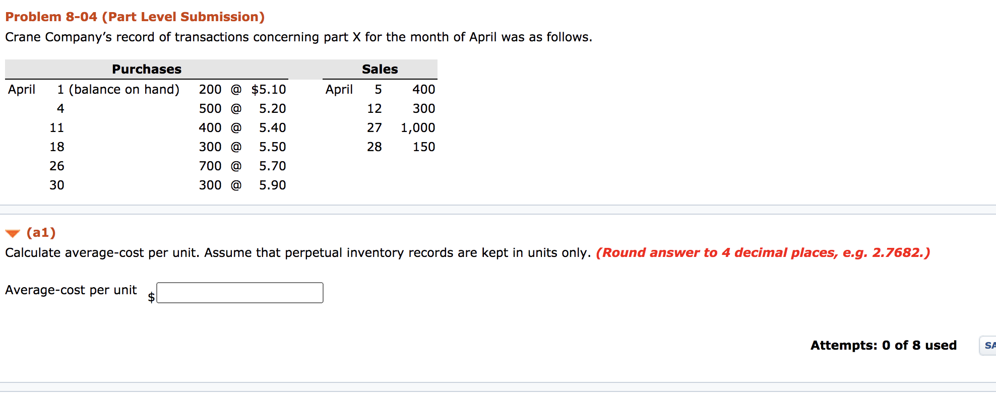 Solved Problem 8-04 (Part Level Submission) Crane Company's | Chegg.com