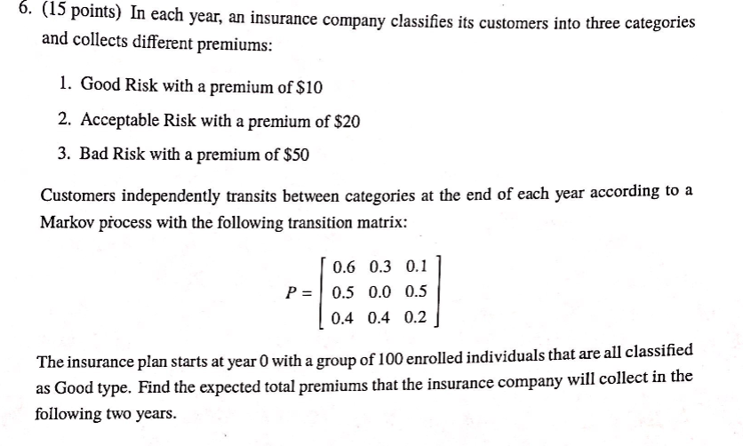 Solved (15 points) In each year, an insurance company | Chegg.com